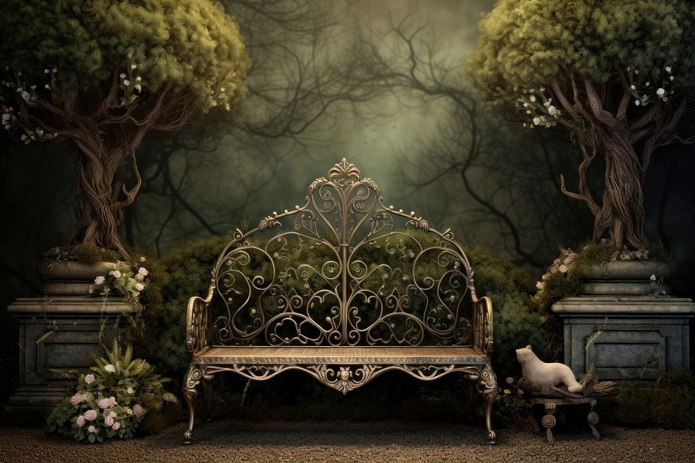 wrought iron bench and topiary | Free Photo Illustration - rawpixel