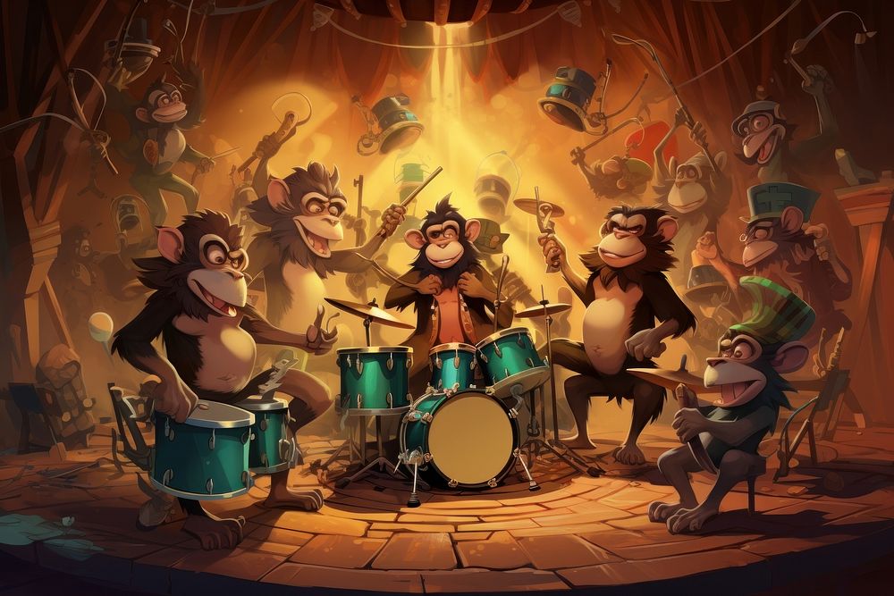 Monkeys playing drums musician concert | Free Photo Illustration - rawpixel