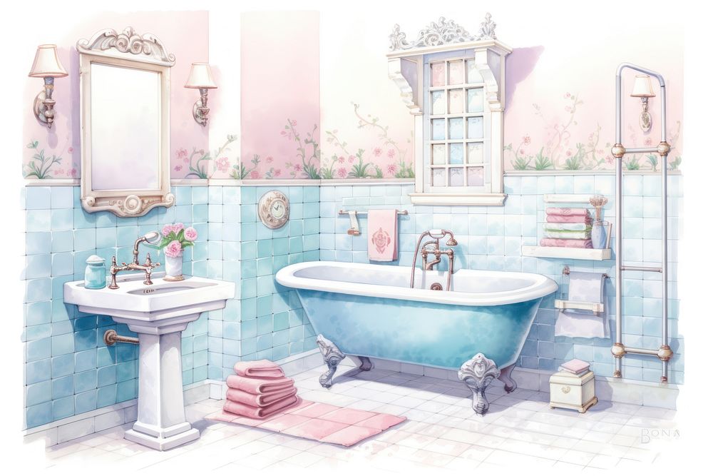 Bathroom tiles fittings bathtub drawing | Free Photo Illustration ...