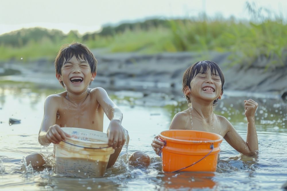 Laugh portrait bathing bucket. | Premium Photo - rawpixel