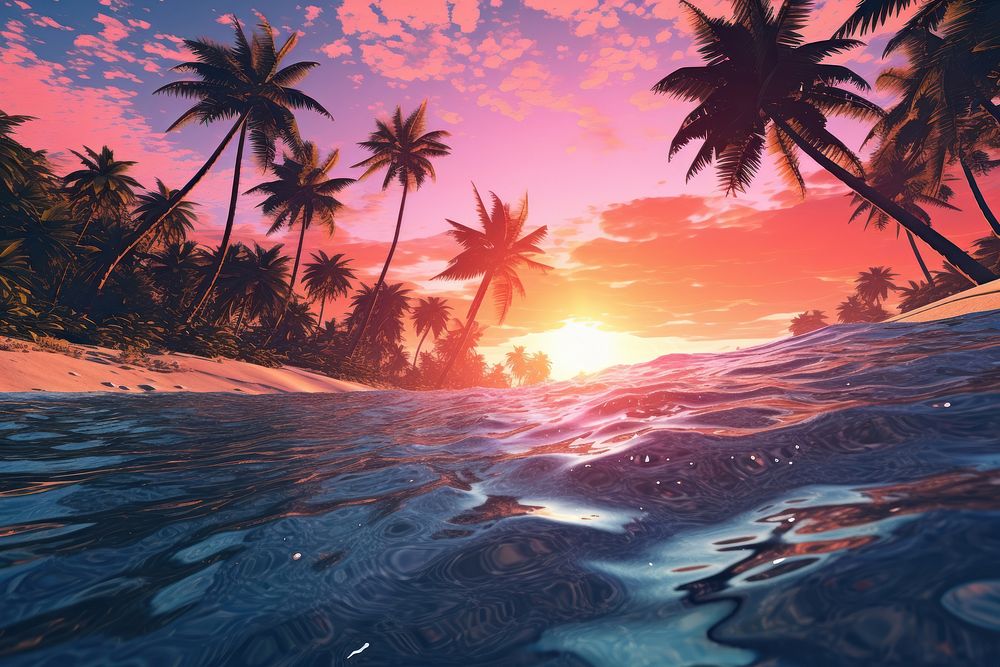 Tropical island ocean tree landscape. | Free Photo Illustration - rawpixel