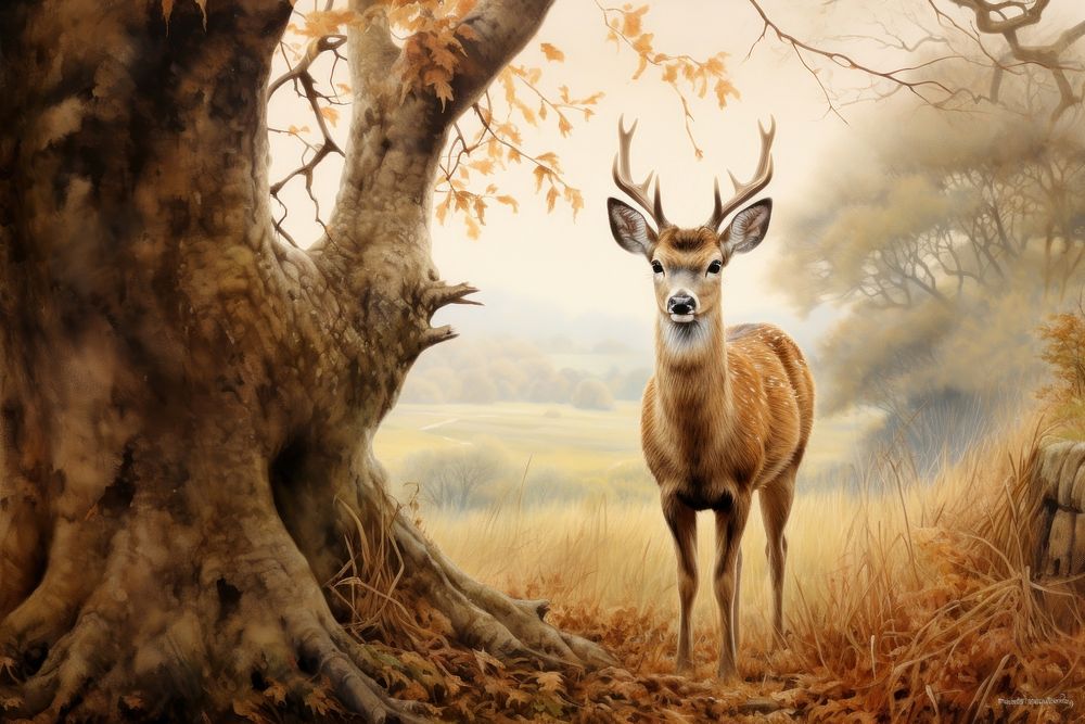 Deer animal tree landscape. | Free Photo Illustration - rawpixel