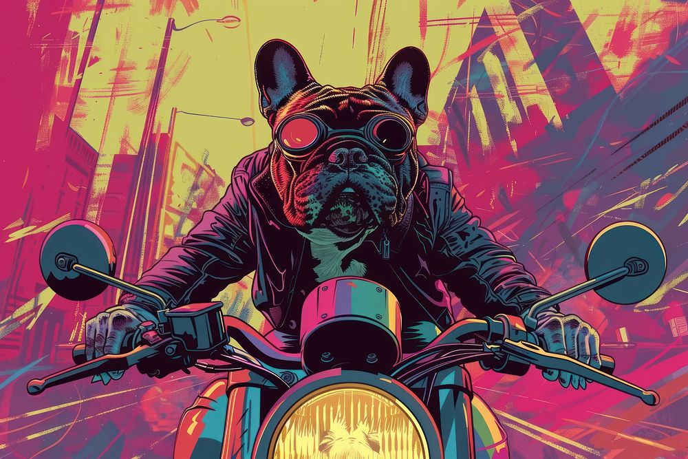 French Bulldog Riding Motorcycle city | Free Photo Illustration - rawpixel