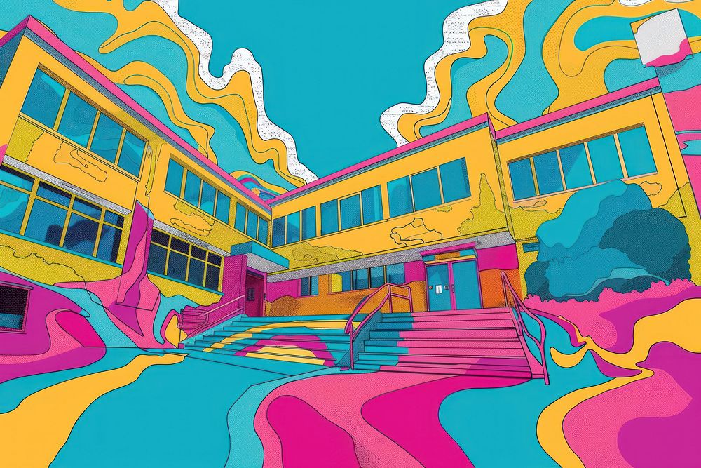 Illustration Public school building painting | Premium Photo ...