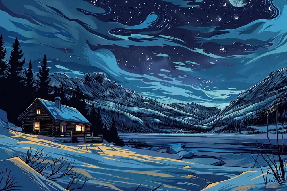 Illustration winter cabin lake snow | Premium Photo Illustration - rawpixel