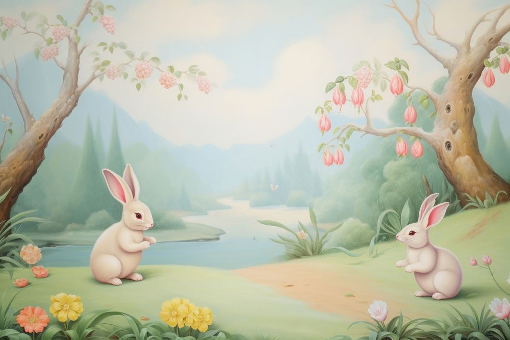 Painting rabbit garden border cartoon | Free Photo Illustration - rawpixel