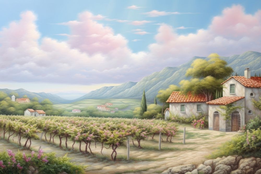 Painting Italian vineyard border architecture | Premium Photo ...