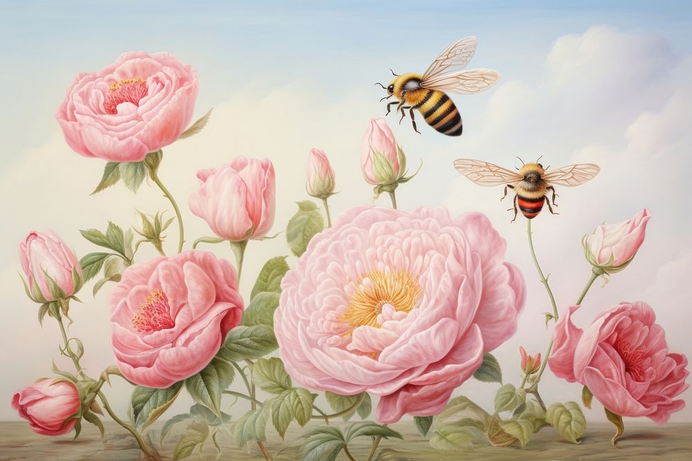 Roses and bee painting flower | Free Photo Illustration - rawpixel