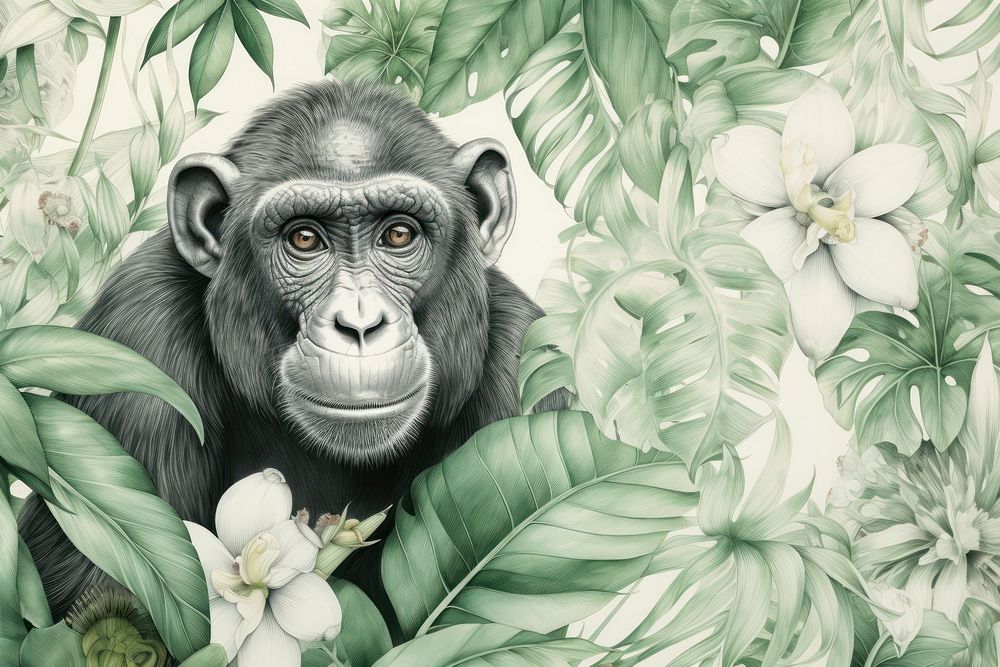 Chimpanzee amidst lush tropical foliage | Free Photo Illustration ...