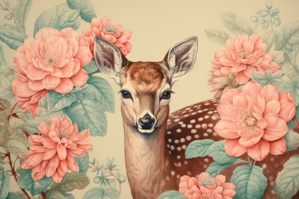 Deer drawing flower wildlife. | Free Photo Illustration - rawpixel