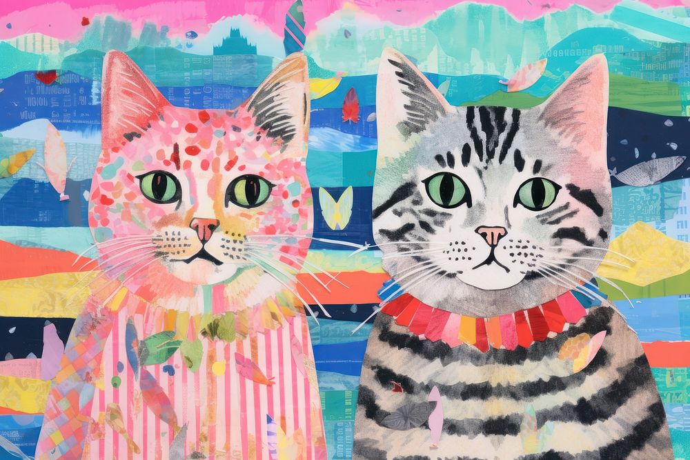 Happy cats collage painting mammal. | Free Photo Illustration - rawpixel