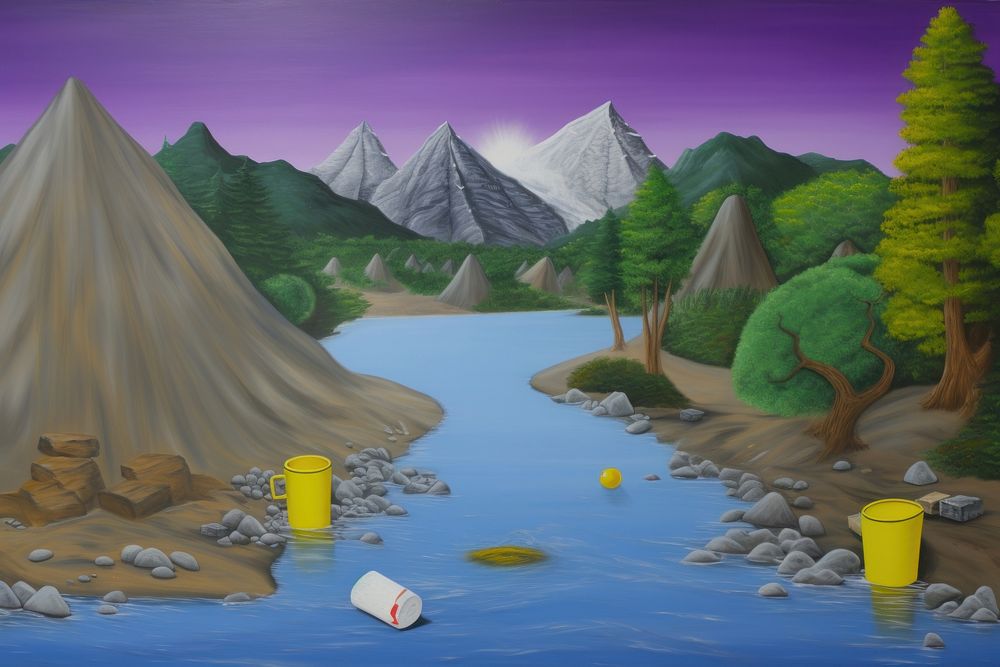 Trash river painting art vegetation. | Free Photo Illustration - rawpixel