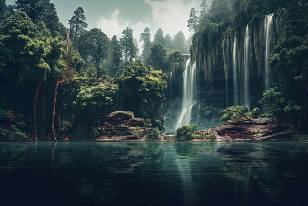 Waterfalls and lakes surrounded trees | Free Photo Illustration - rawpixel