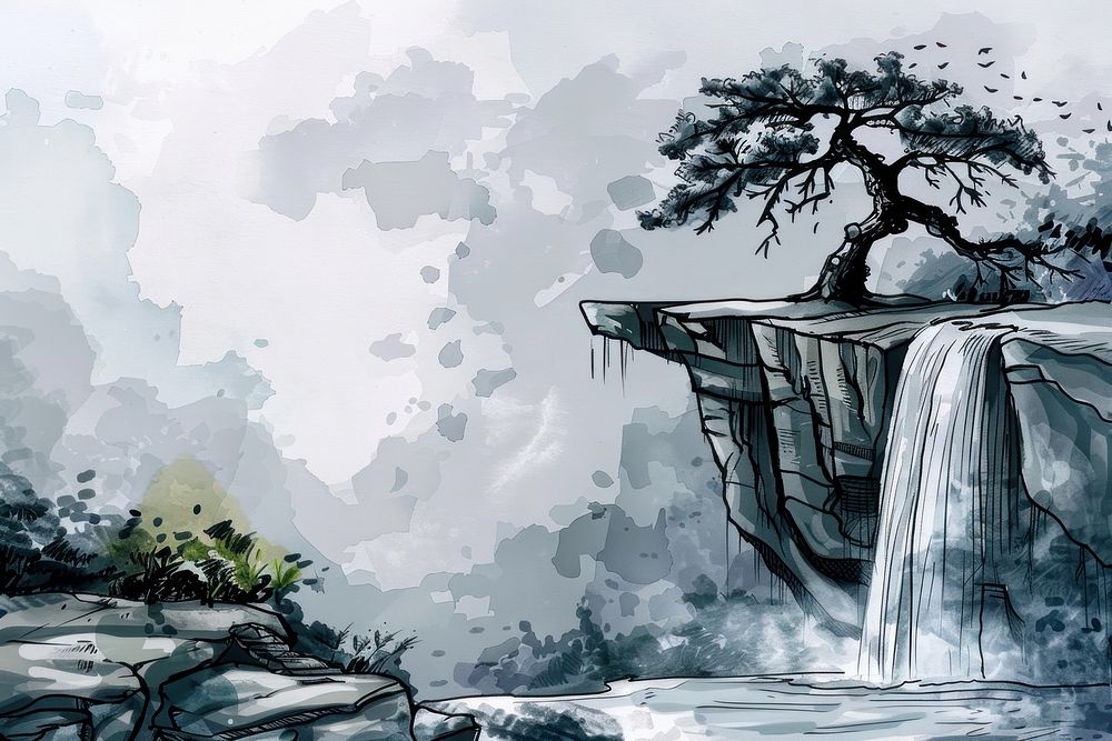 Waterfall sketch art illustrated. | Free Photo Illustration - rawpixel