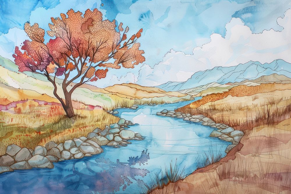 Meandering river water art landscape. | Free Photo Illustration - rawpixel