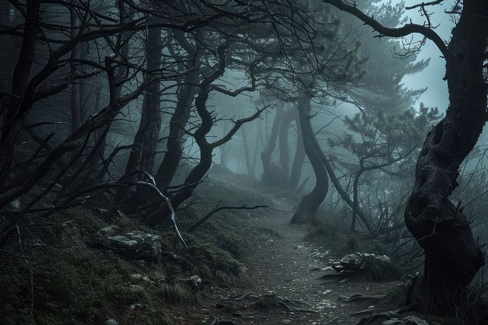Scary forest path tree fog. | Free Photo - rawpixel
