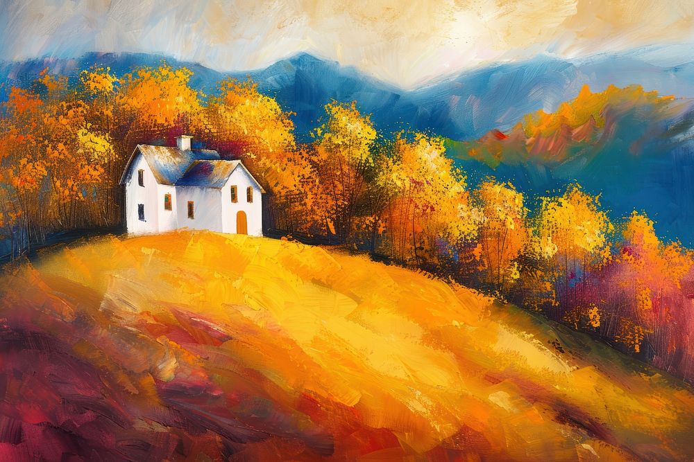 Impressionist house hill painting art | Free Photo Illustration - rawpixel