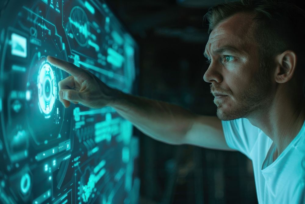 Man pointing futuristic digital screen | Premium Photo - rawpixel