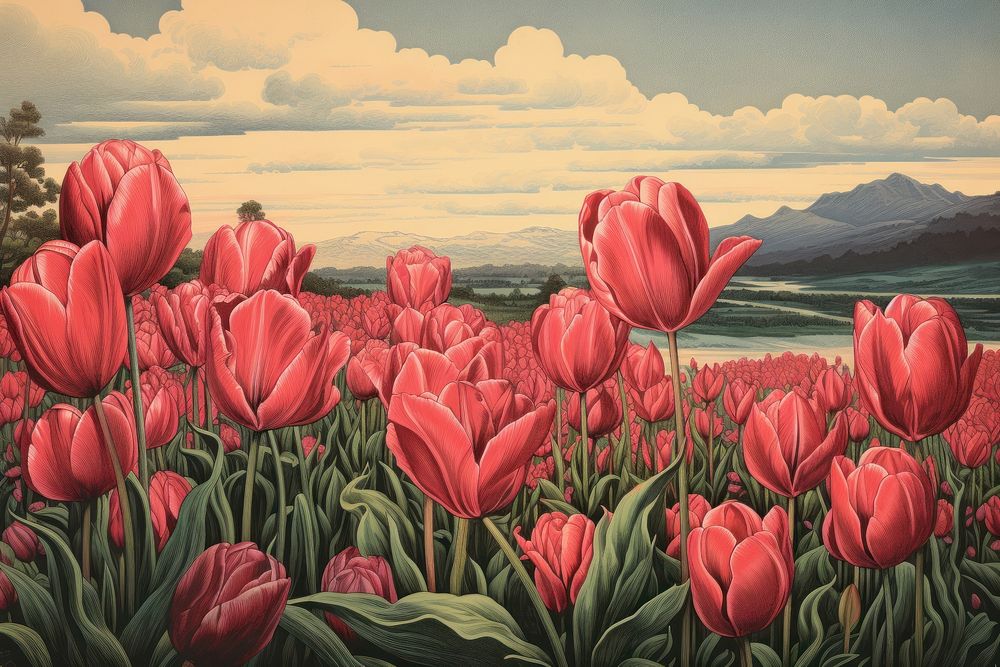 Tulip landscape outdoors painting. | Free Photo Illustration - rawpixel