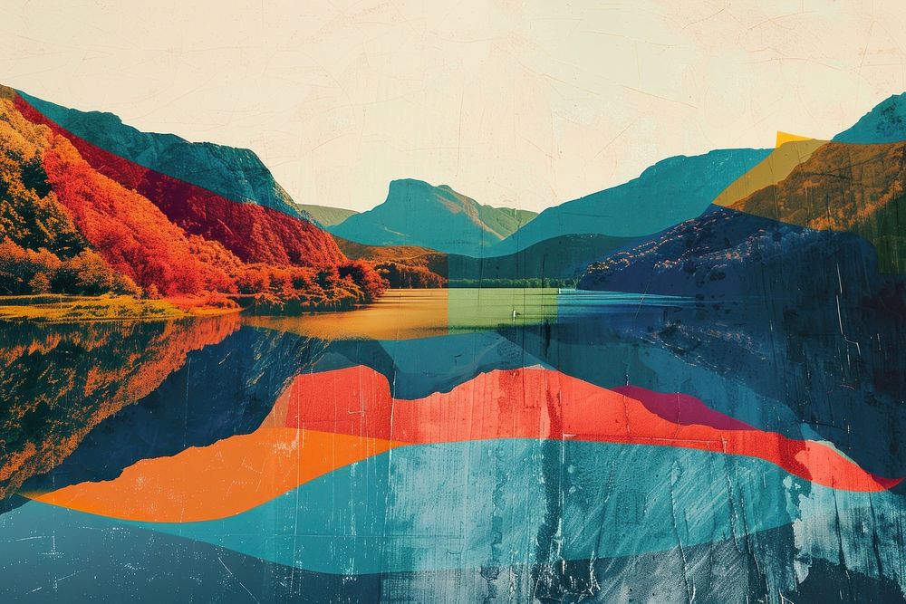 Retro collage river landscape mountain | Premium Photo Illustration ...