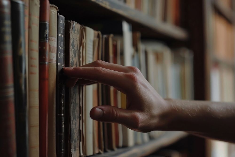 Hand touching books bookshelf library | Free Photo - rawpixel