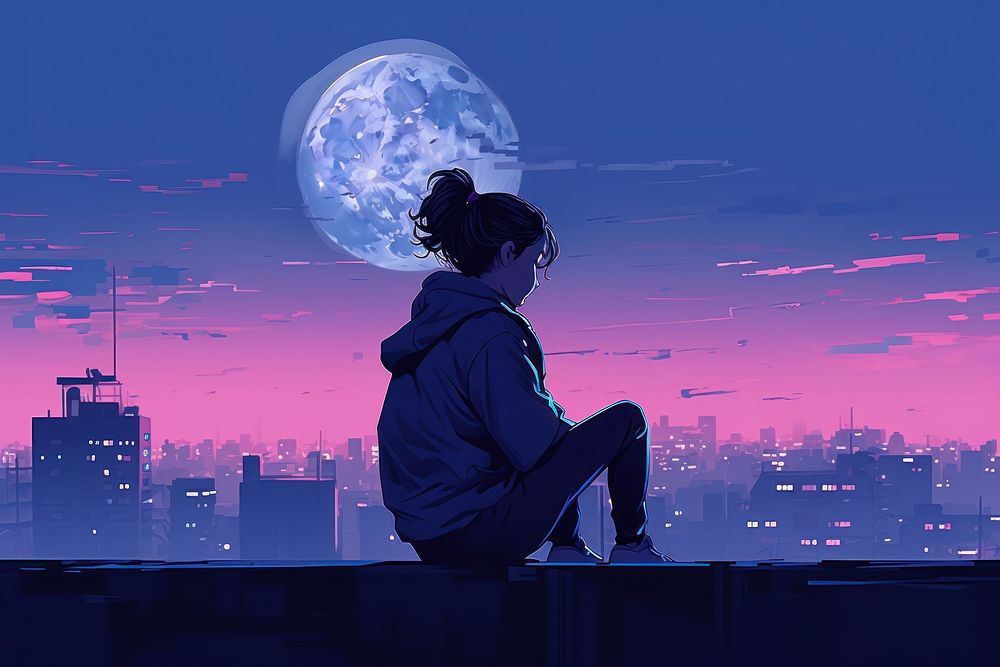 Female sitting building edge night | Premium Photo Illustration - rawpixel