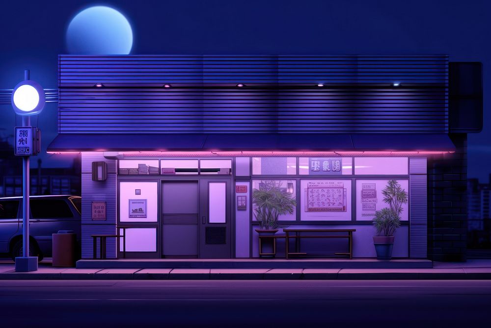 Restaurant front purple architecture building. | Premium Photo ...