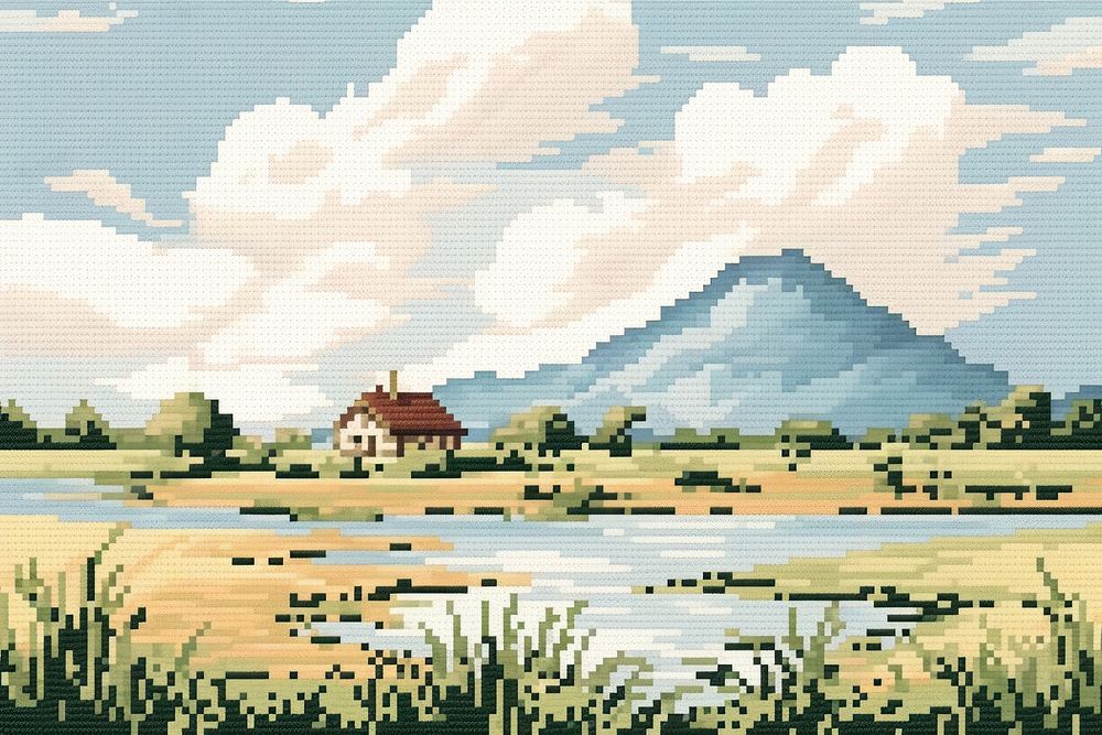 Cross stitch farmhouse landscape countryside | Free Photo Illustration ...