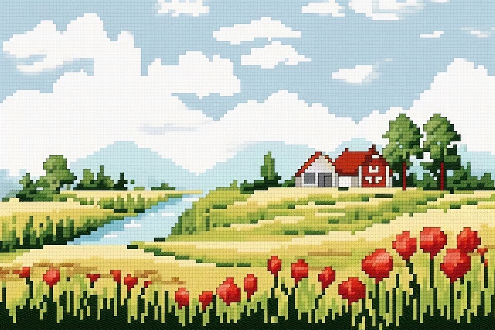 Cross stitch farmhouse landscape neighborhood | Free Photo Illustration ...