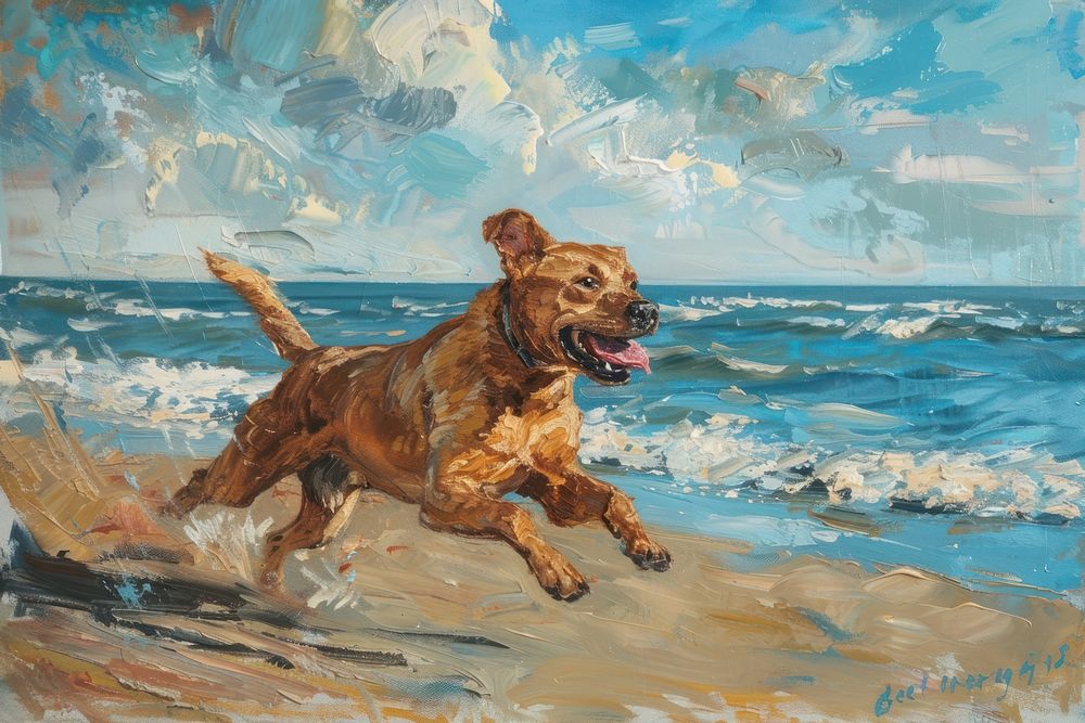 Dog running beach painting dog | Free Photo Illustration - rawpixel