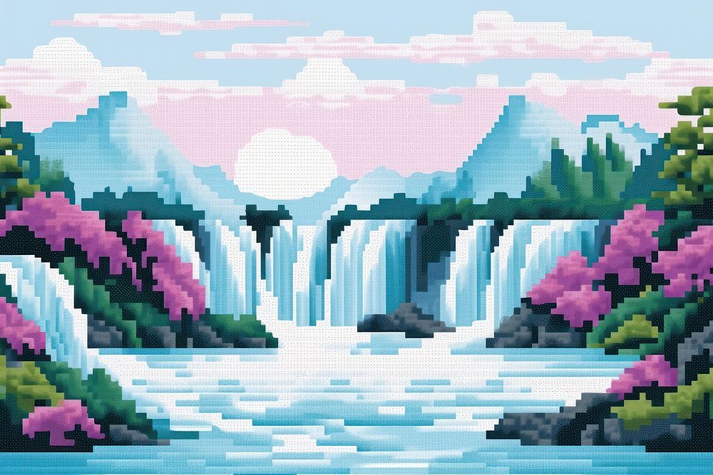 Cross stitch waterfall landscape graphics | Free Photo Illustration ...