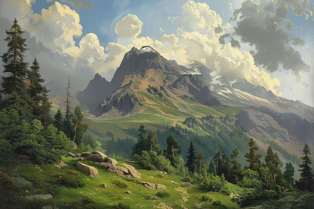 Mountain painting wilderness landscape. | Premium Photo Illustration ...