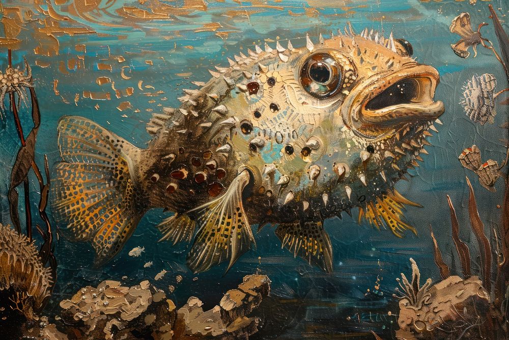 Pufferfish painting art animal. | Free Photo Illustration - rawpixel