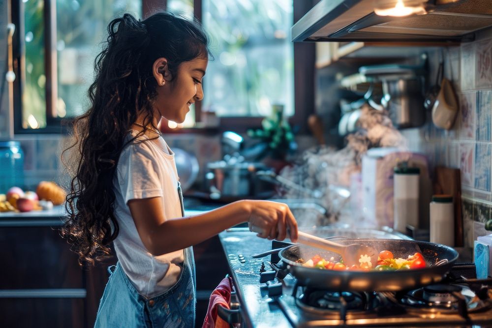 South Asian girl cooking kitchen | Free Photo - rawpixel