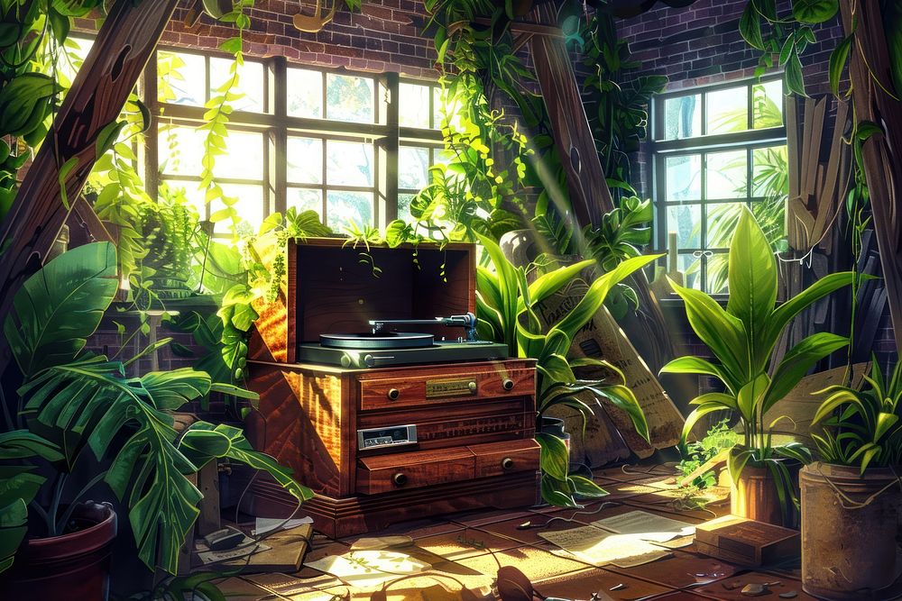 Record player plant furniture garden. | Premium Photo Illustration ...