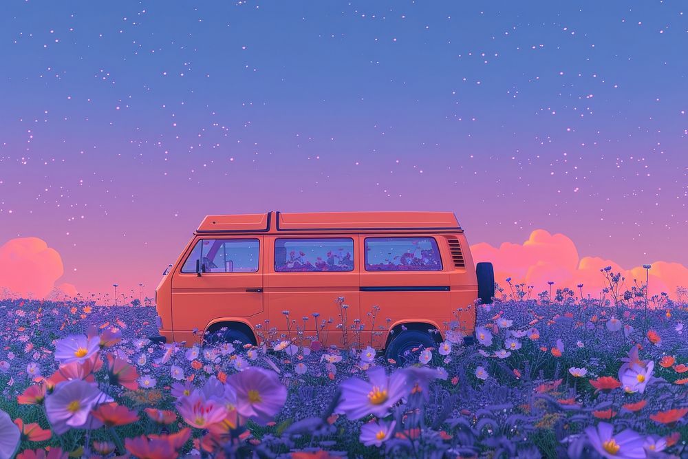 Orange van full colorful spring | Premium Photo Illustration - rawpixel