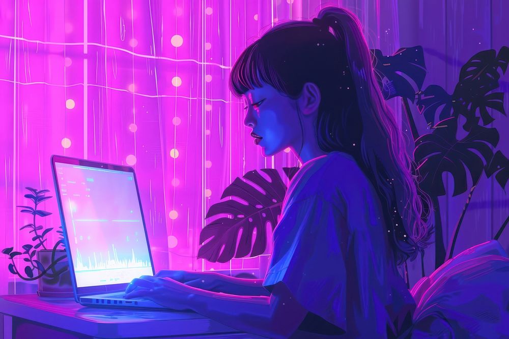 Using laptop computer purple illuminated. | Free Photo Illustration ...