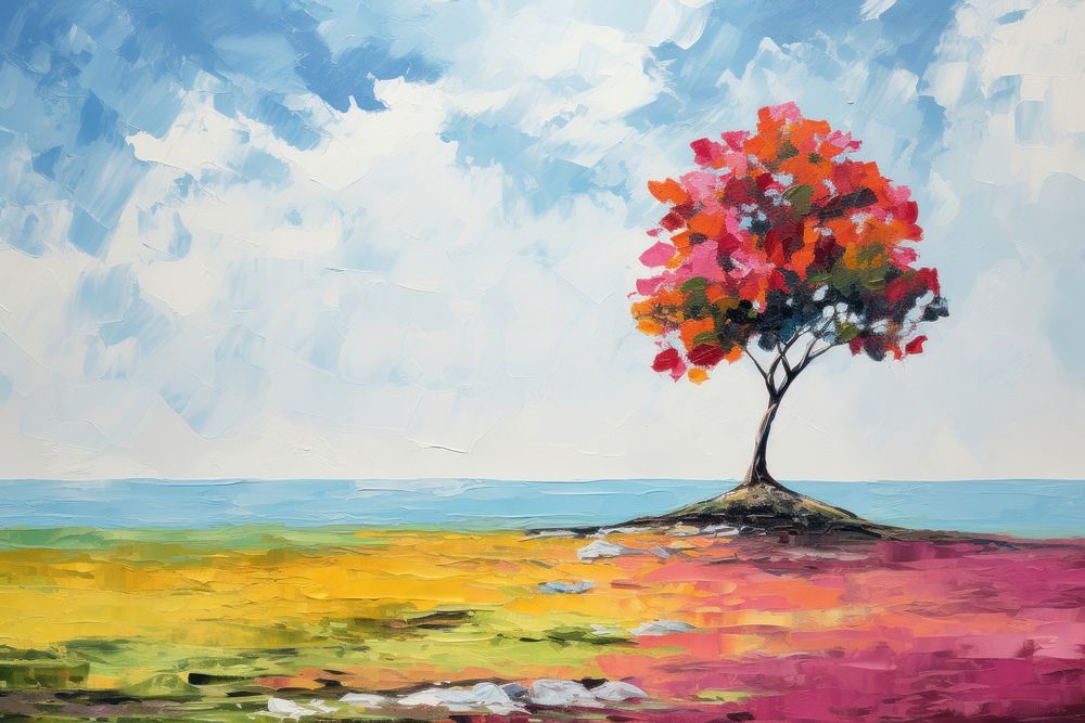 lone tree painting outdoors nature. | Free Photo Illustration - rawpixel