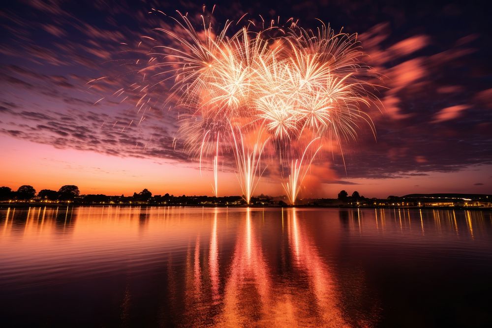 Gold firework display fireworks water | Premium Photo - rawpixel