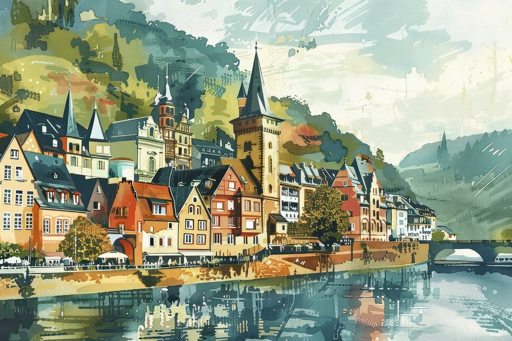 Town painting river city. | Premium Photo Illustration - rawpixel