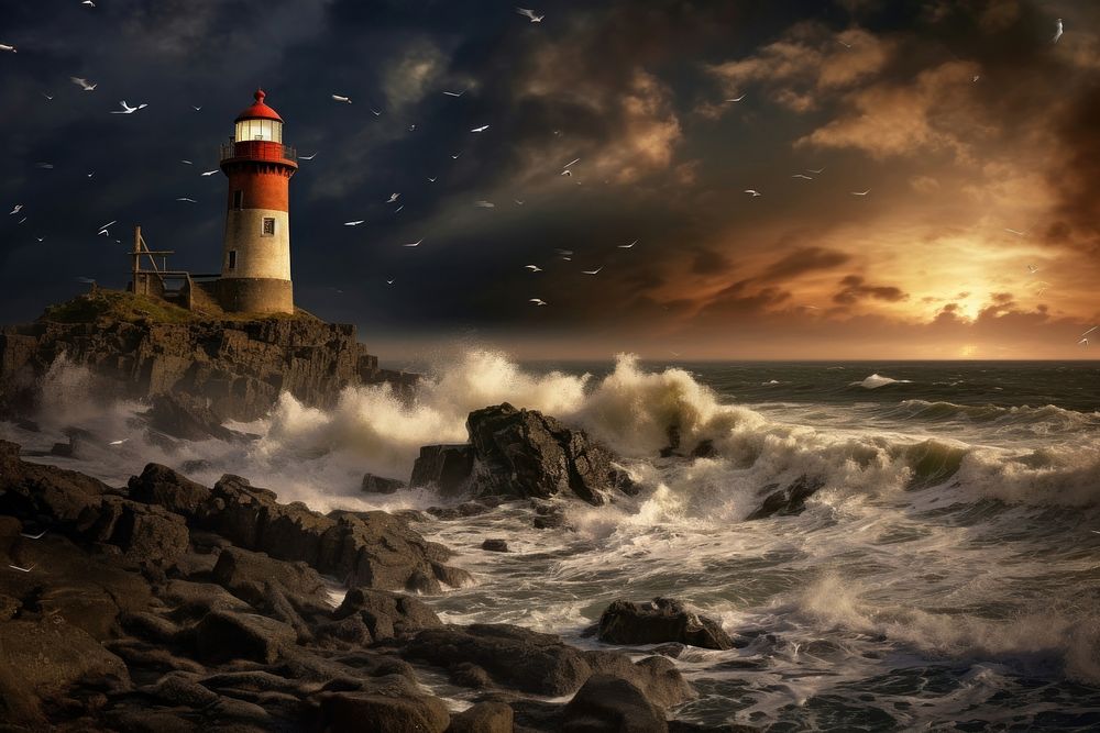 Dutch coastline lighthouse sea dramatic. | Free Photo - rawpixel