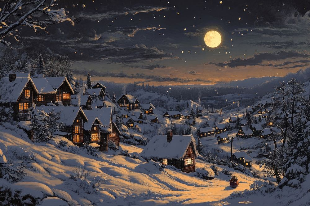 Cozy winter village nightscape. | Free Photo Illustration - rawpixel