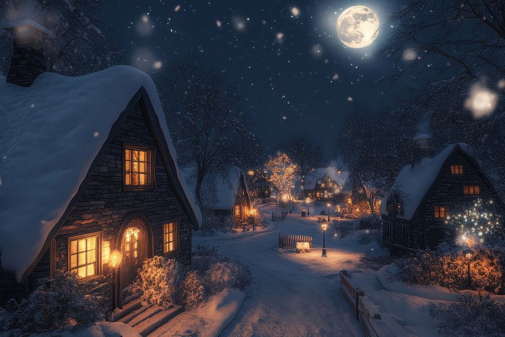 Cozy winter village nightscape | Free Photo Illustration - rawpixel