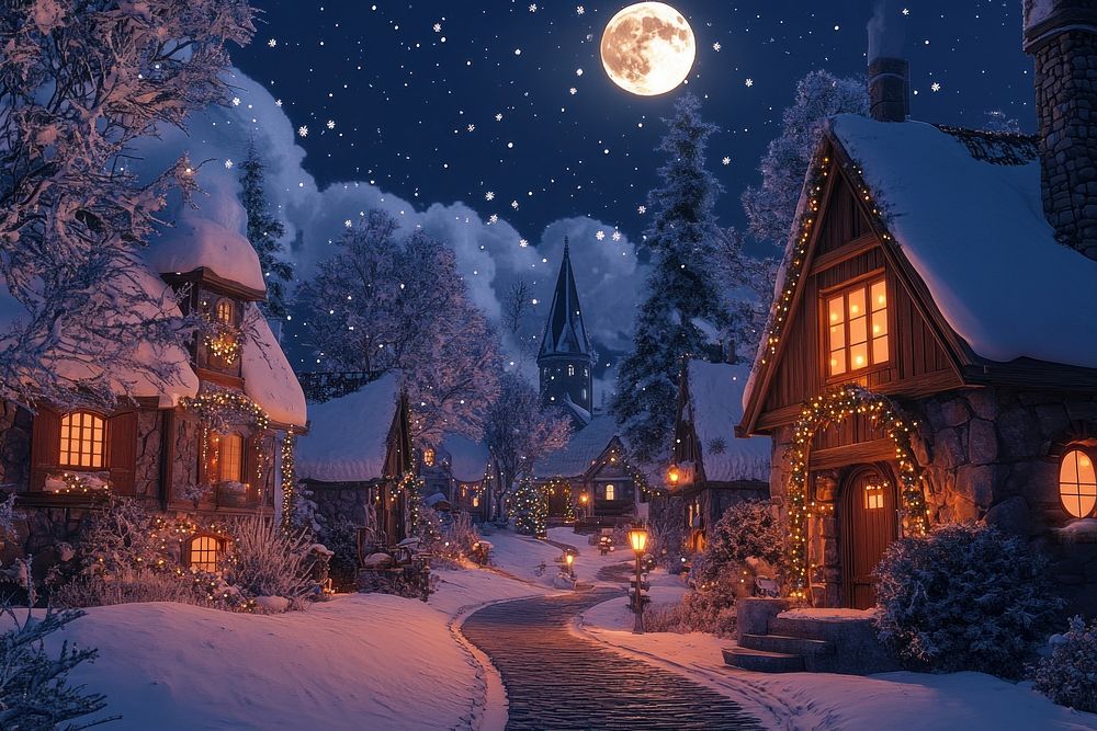 Cozy winter village scene. | Free Photo Illustration - rawpixel