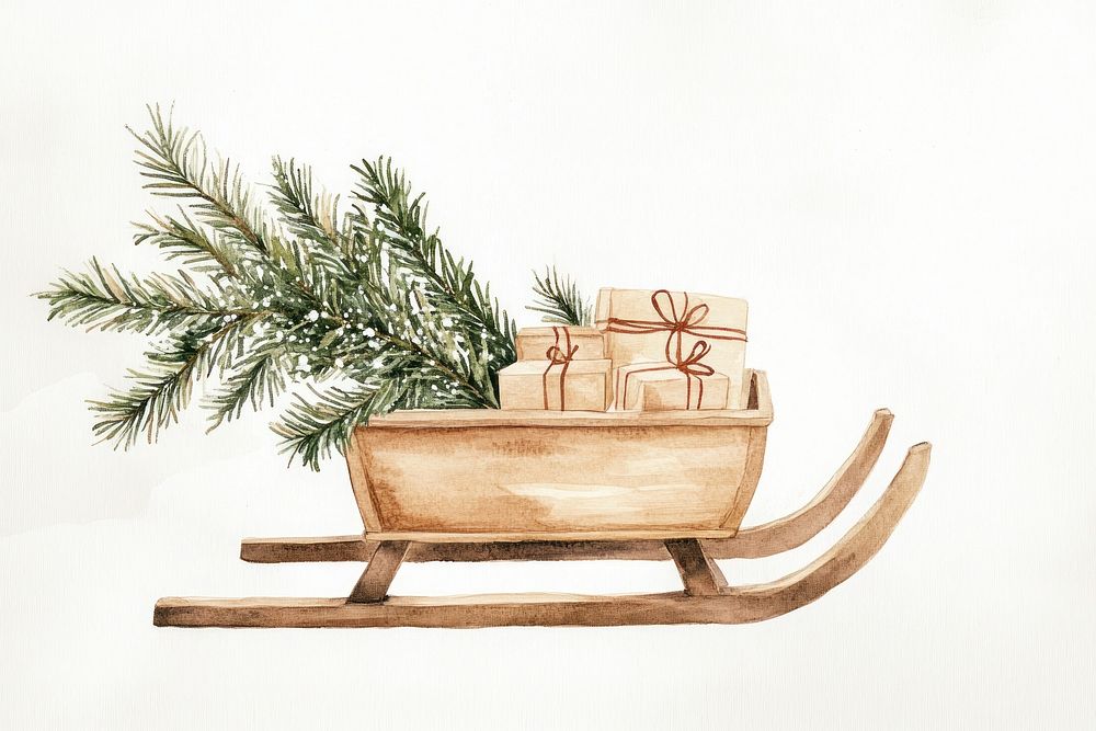 Wooden sled christmas tree branches | Free Photo Illustration - rawpixel