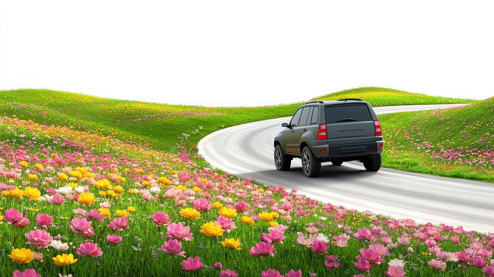 SUV driving landscape flowers outdoors. | Free Photo - rawpixel