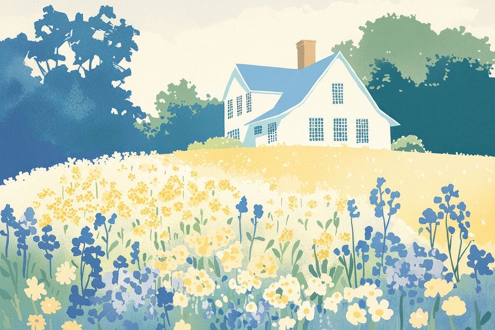 Farmhouse flower field illustration. | Free Photo Illustration - rawpixel