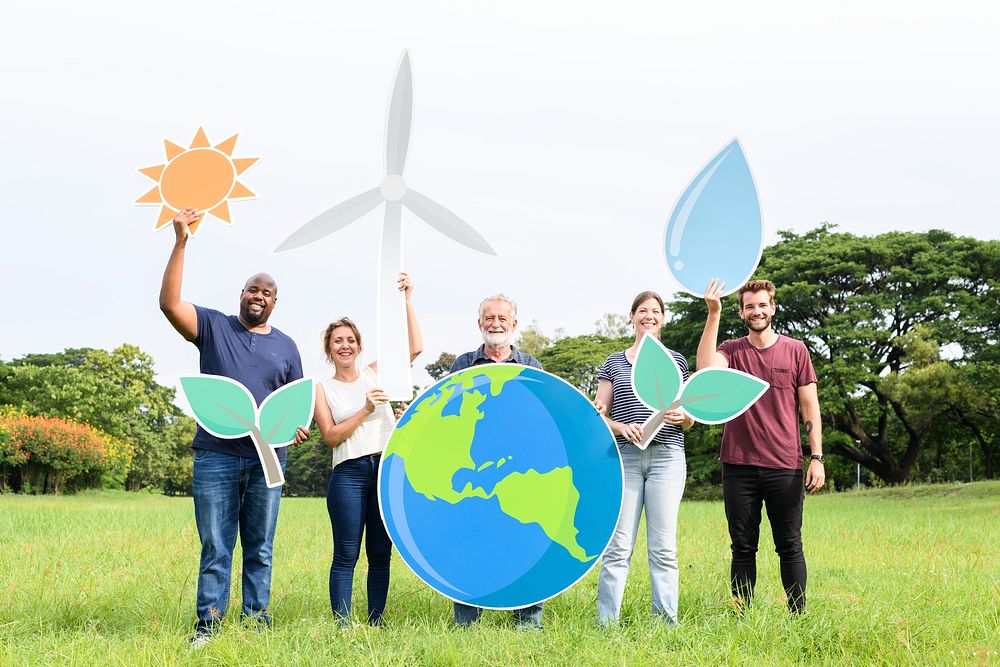 Diverse group holding eco-friendly symbols: | Free Photo - rawpixel