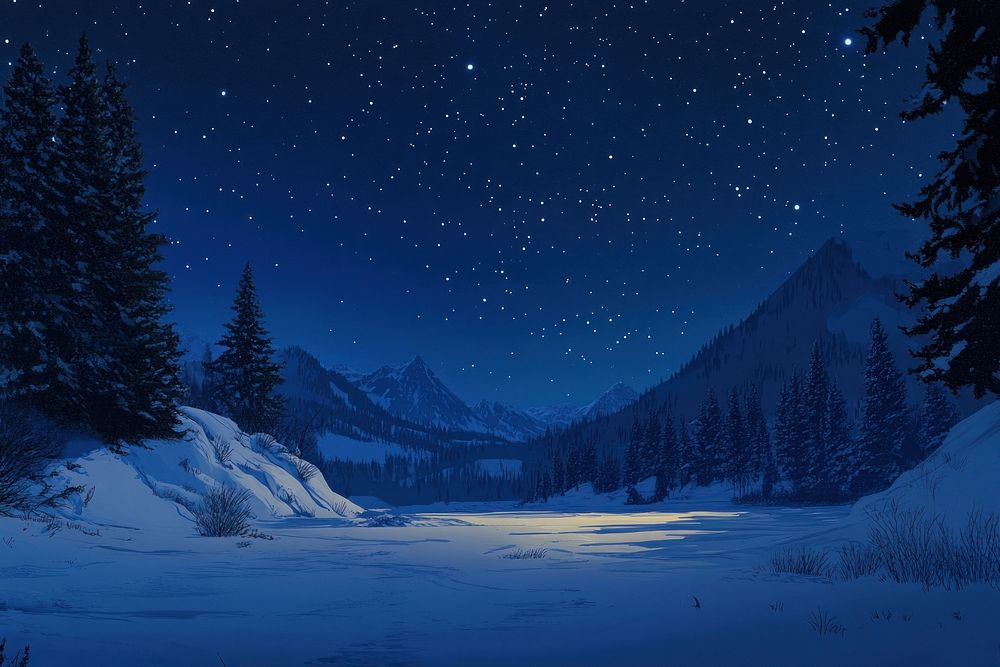 Snowy field pine trees along | Free Photo Illustration - rawpixel