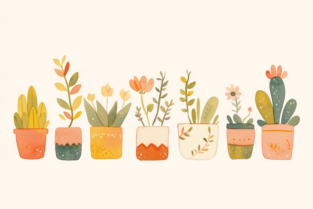 Flower pots border illustration watercolor | Free Photo Illustration ...